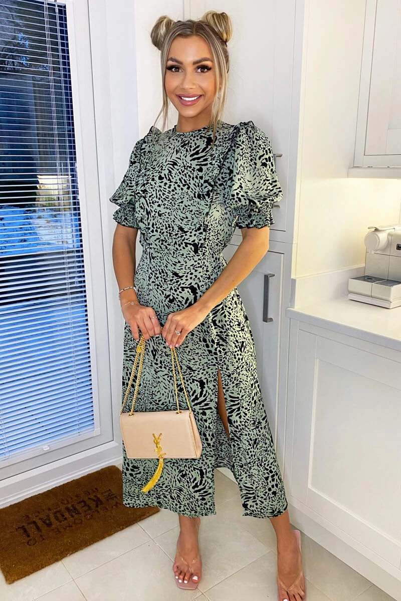 Shop AX Paris Mint Animal Print Pleat Frill Midi Dress Dresses - In ...